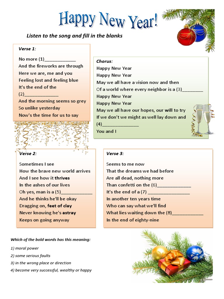 Happy New Year Song by Abba Activities With Music | PDF