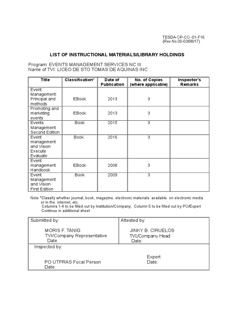List of Instructional Materials Events Management Services | PDF