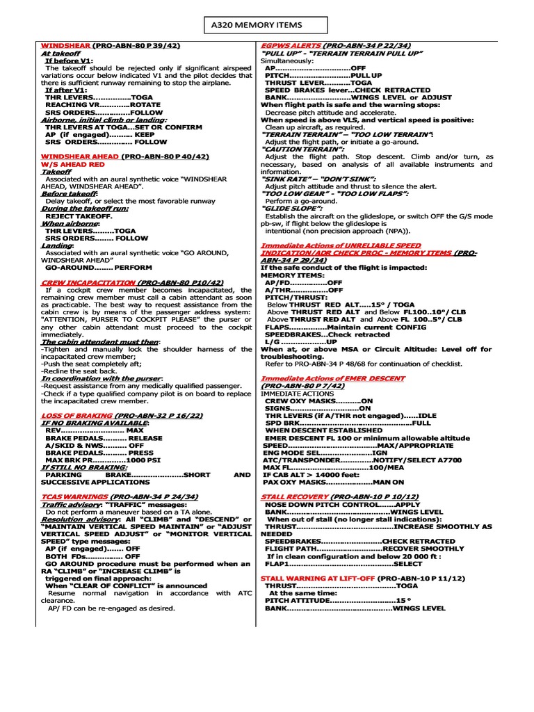 A320 Memory Items | PDF | Takeoff | Stall (Fluid Mechanics)