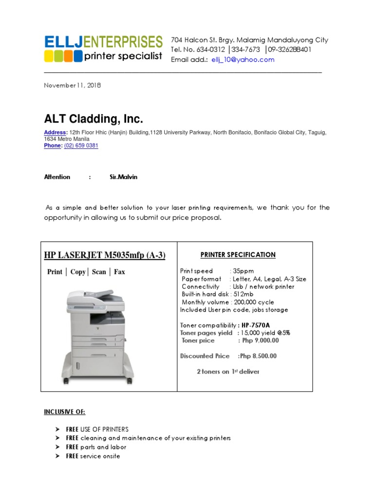 ALT Cladding, Inc.: HP LASERJET M5035mfp (A-3) | PDF | Printer ...