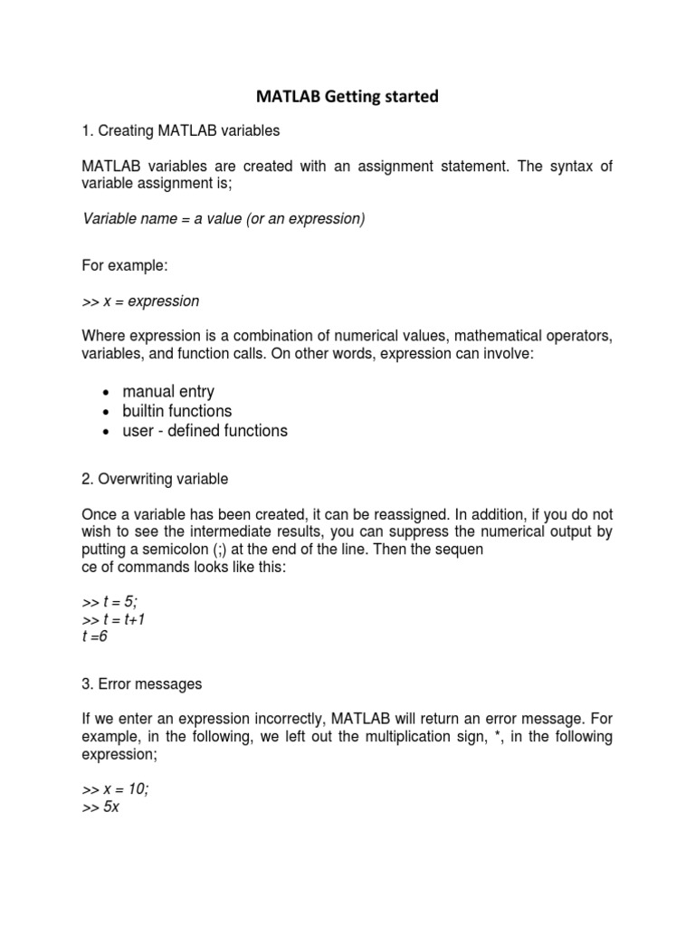 Getting Started Matlab Lesson 1 | PDF | Arithmetic | Computer Programming Getting Started Matlab Lesson 1 | PDF | Arithmetic | Computer Programming