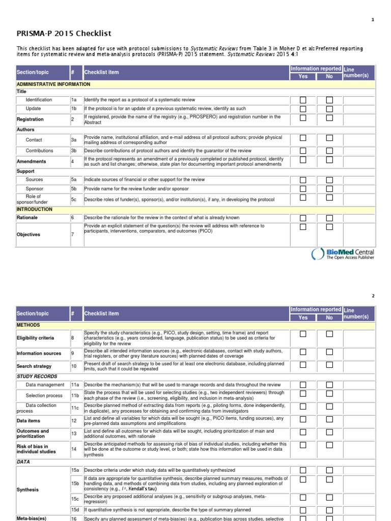 PRISMA-P 2015 Checklist | PDF | Systematic Review | Meta Analysis