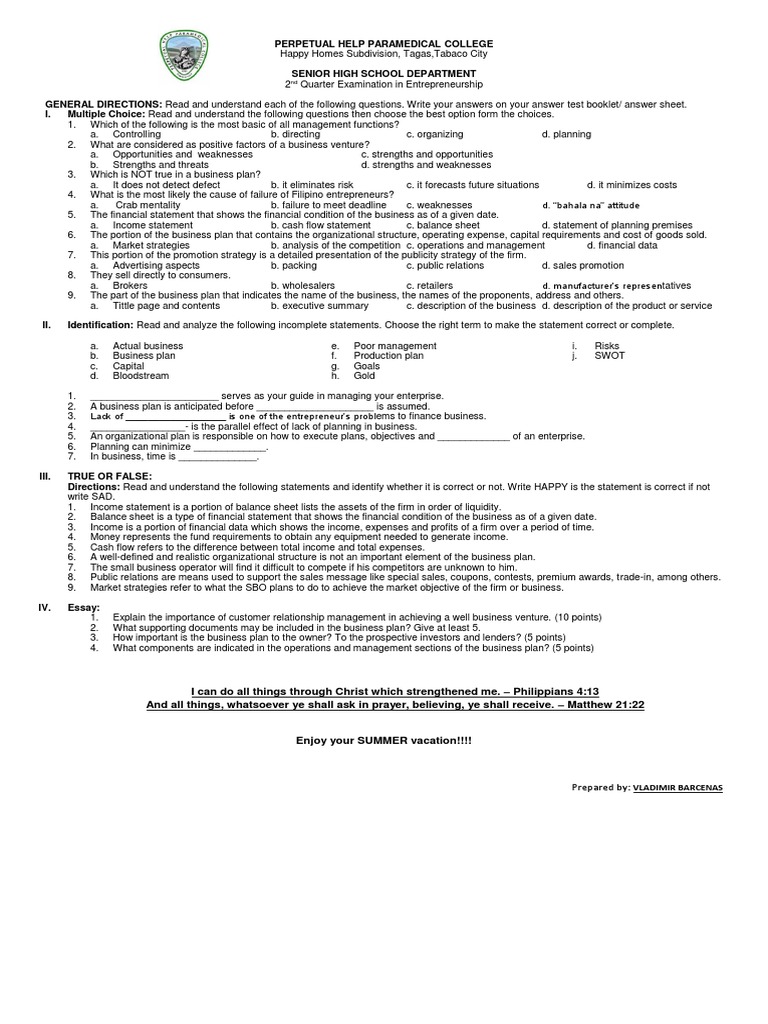 2nd Quarter Exam in Entrep | PDF | Business Plan | Entrepreneurship