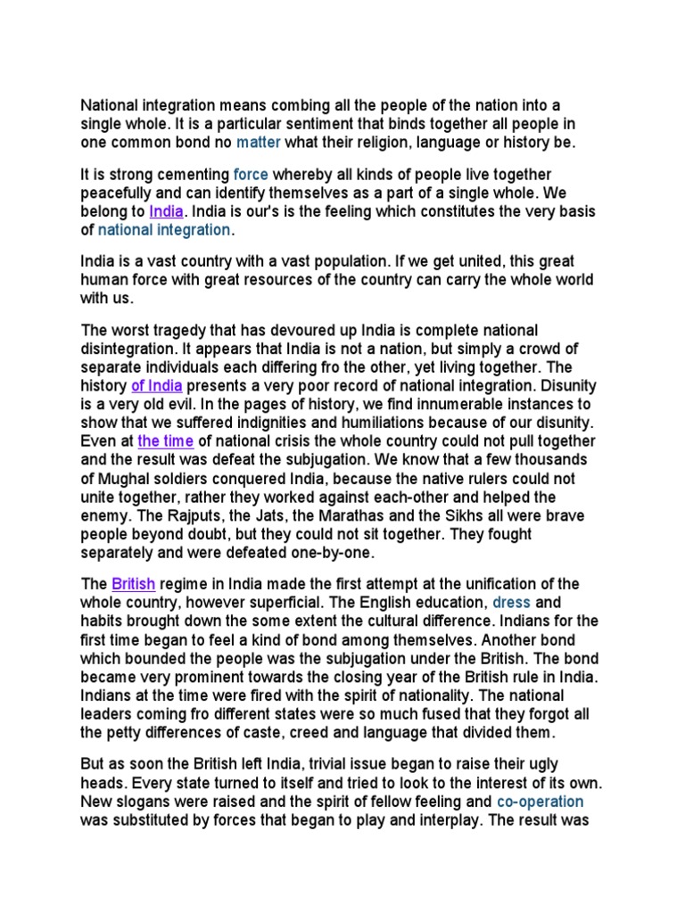 National Integration Means Combing All The People of The Nation Into A ...