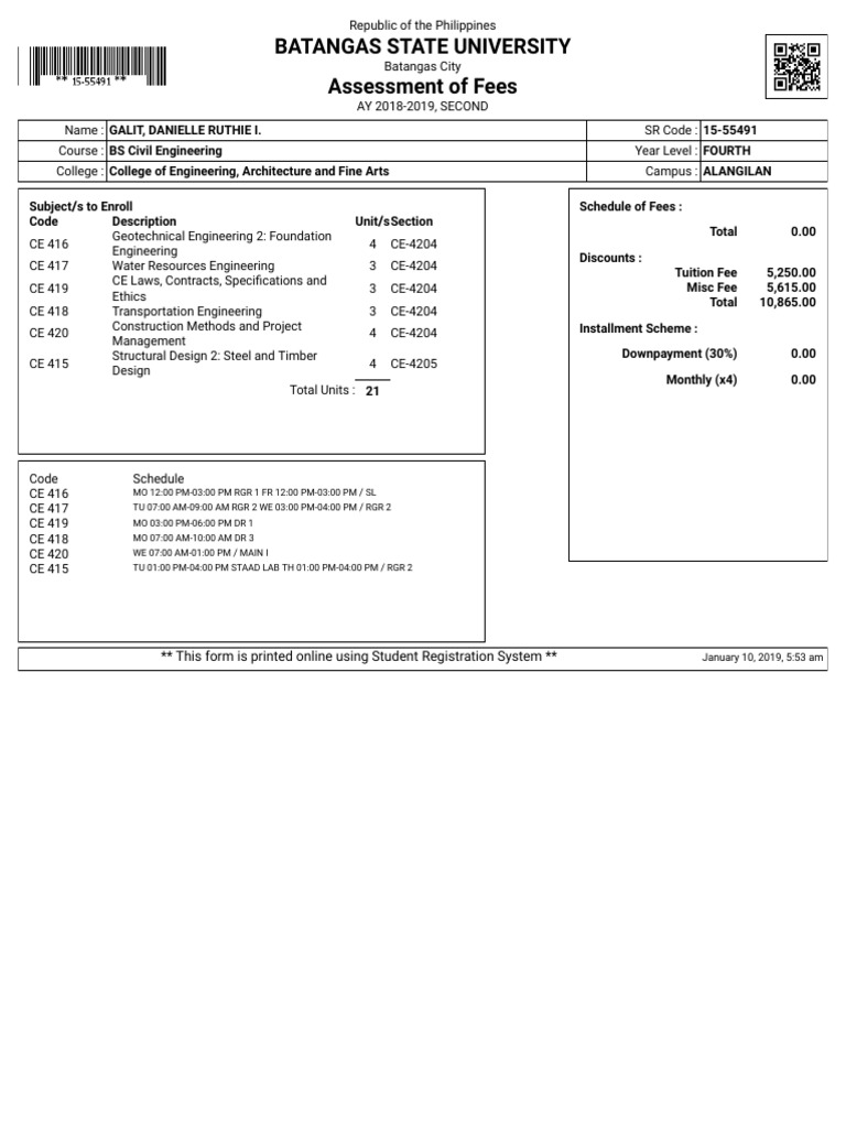 Batangas State University Assessment of Fees: This Form Is Printed Online Using Student ...