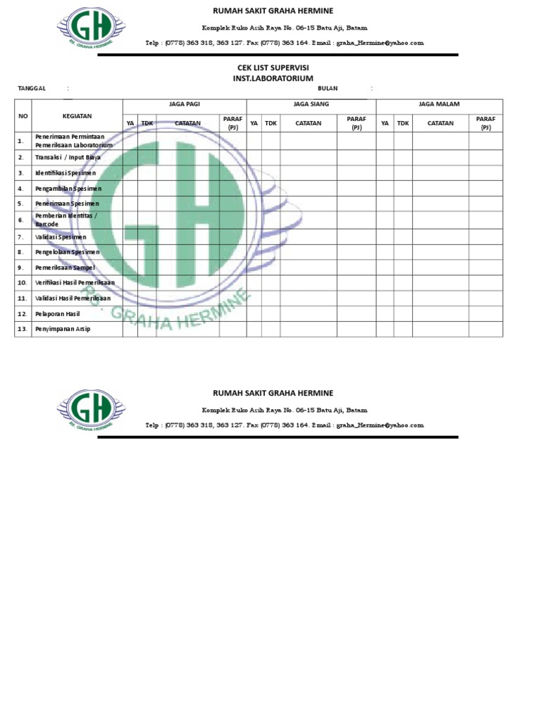 CEK LIST SUPERVISI Pelayanan Laboratorium | PDF
