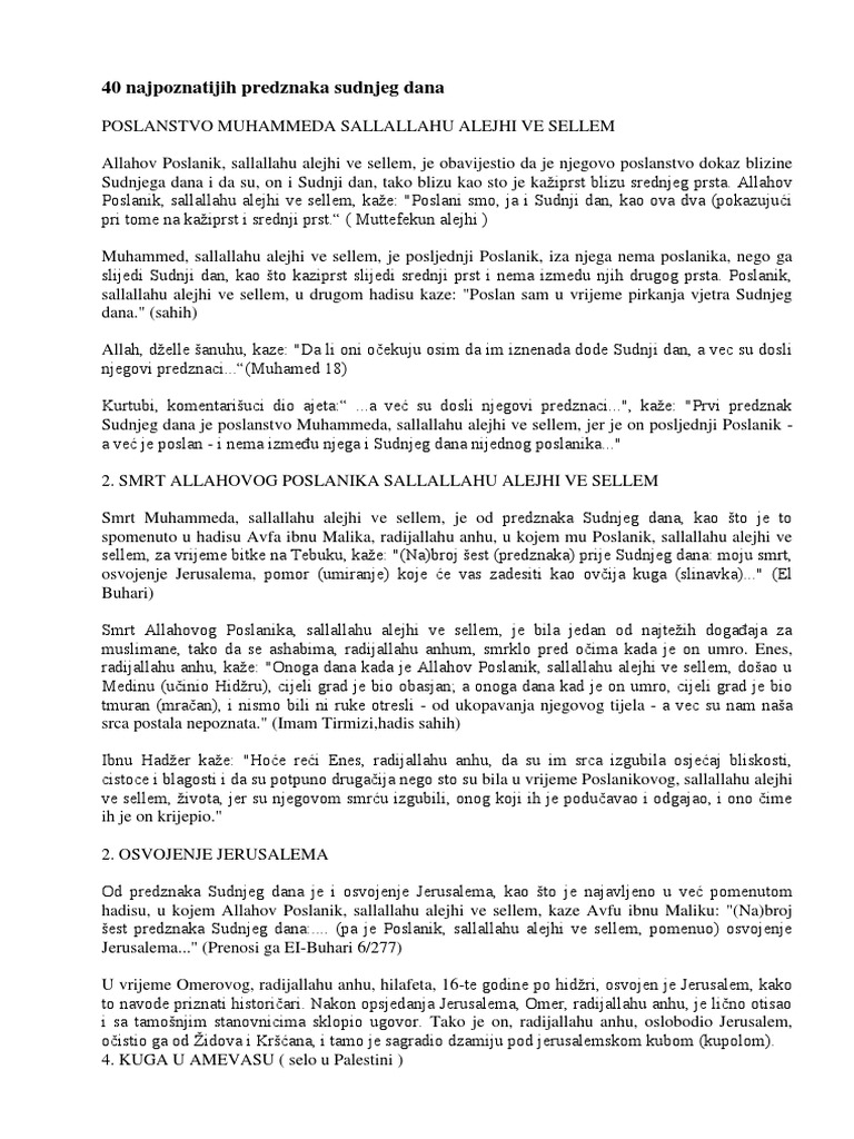 40 Najpoznatijih Predznaka Sudnjeg Dana Akos - Ba | PDF