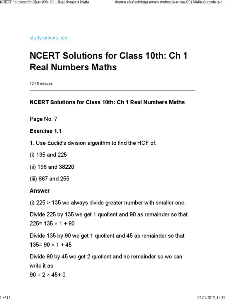 NCERT Solutions For Class 10th: CH 1 Real Numbers Maths | PDF