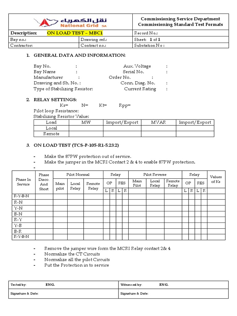 Commissioning Service Department Commissioning Standard Test Formats ...