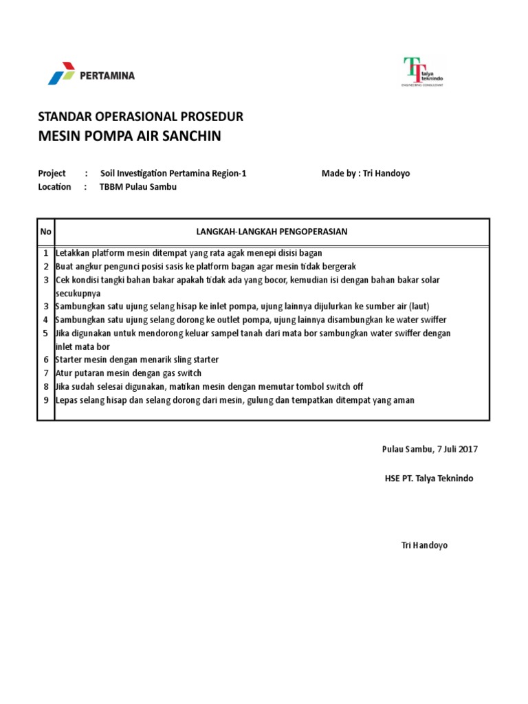 Sop Mesin Air Sanchin | PDF
