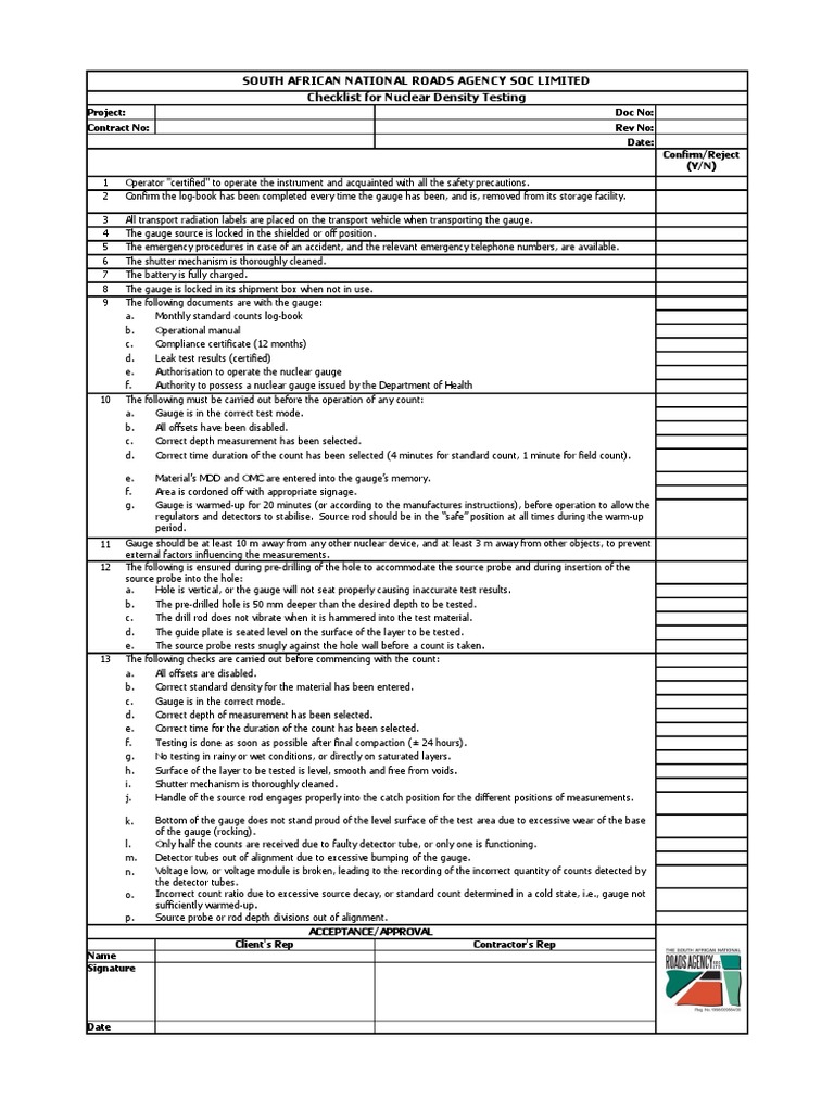 South African National Roads Agency Soc Limited Checklist for Nuclear ...