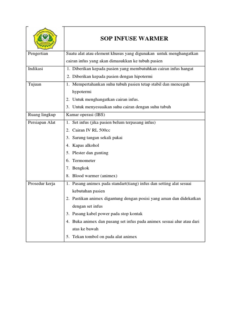 SOP Penggunaan Infus Warmer | PDF