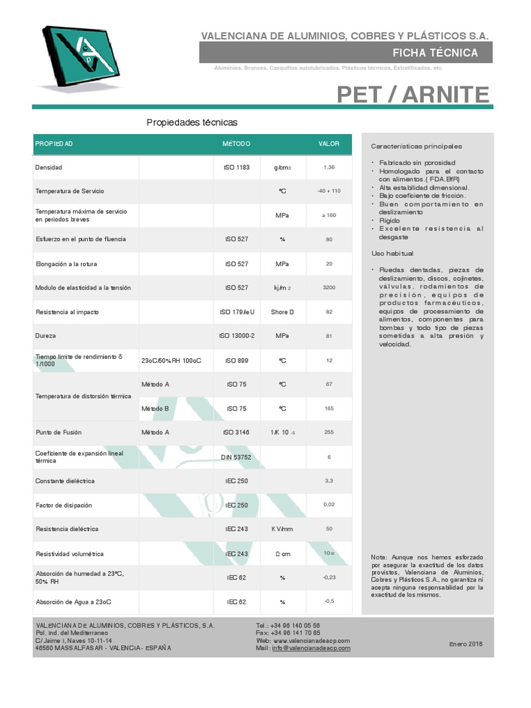 Ficha Tecnica PET Arnite VAPC | PDF | Ciencia de los materiales | Materiales