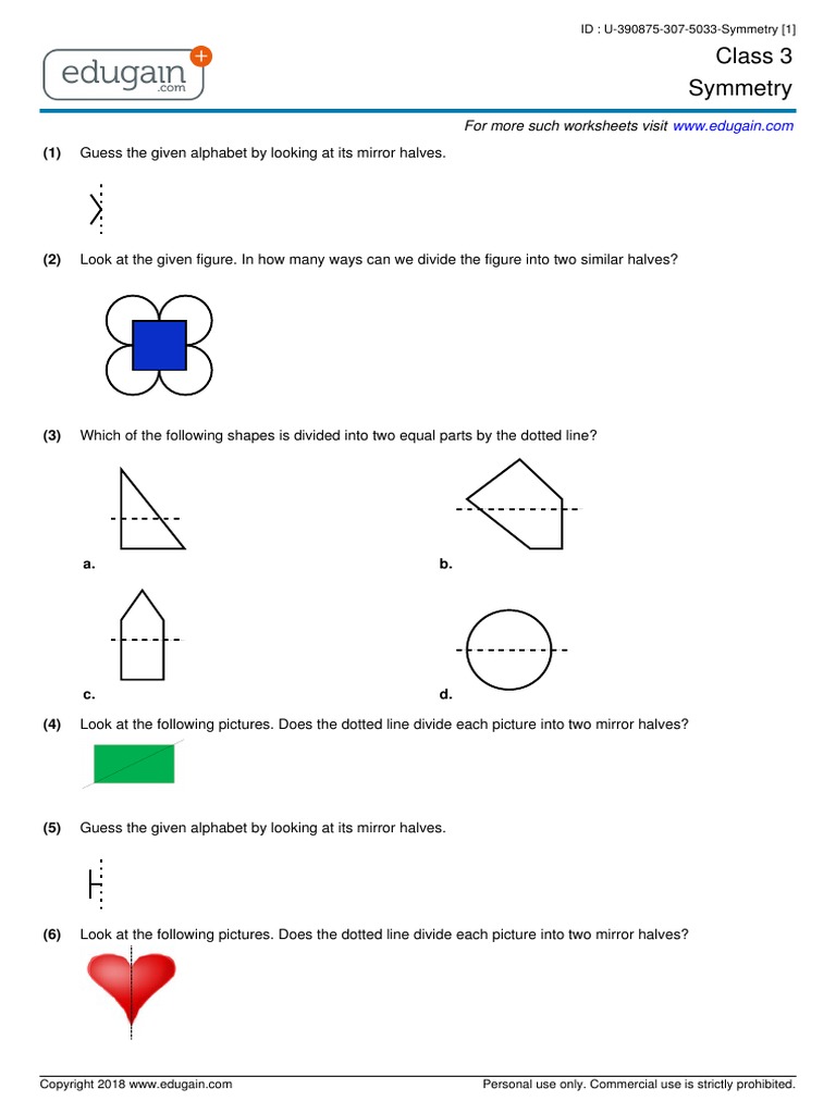 Class 3 Symmetry: For More Such Worksheets Visit | PDF | Symmetry | Shape
