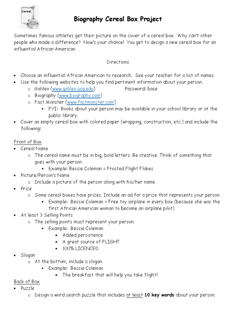 Biography Cereal Box Project Guide | PDF | Word Search