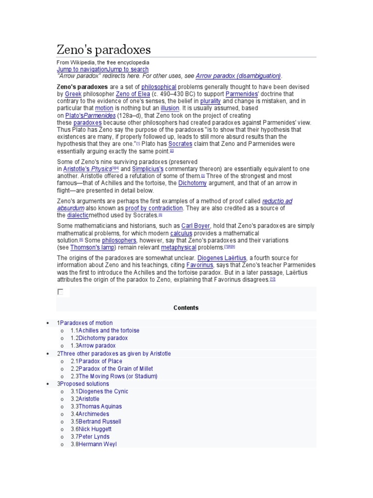 Zeno's Paradoxes: From Wikipedia, The Free Encyclopedia | PDF ...