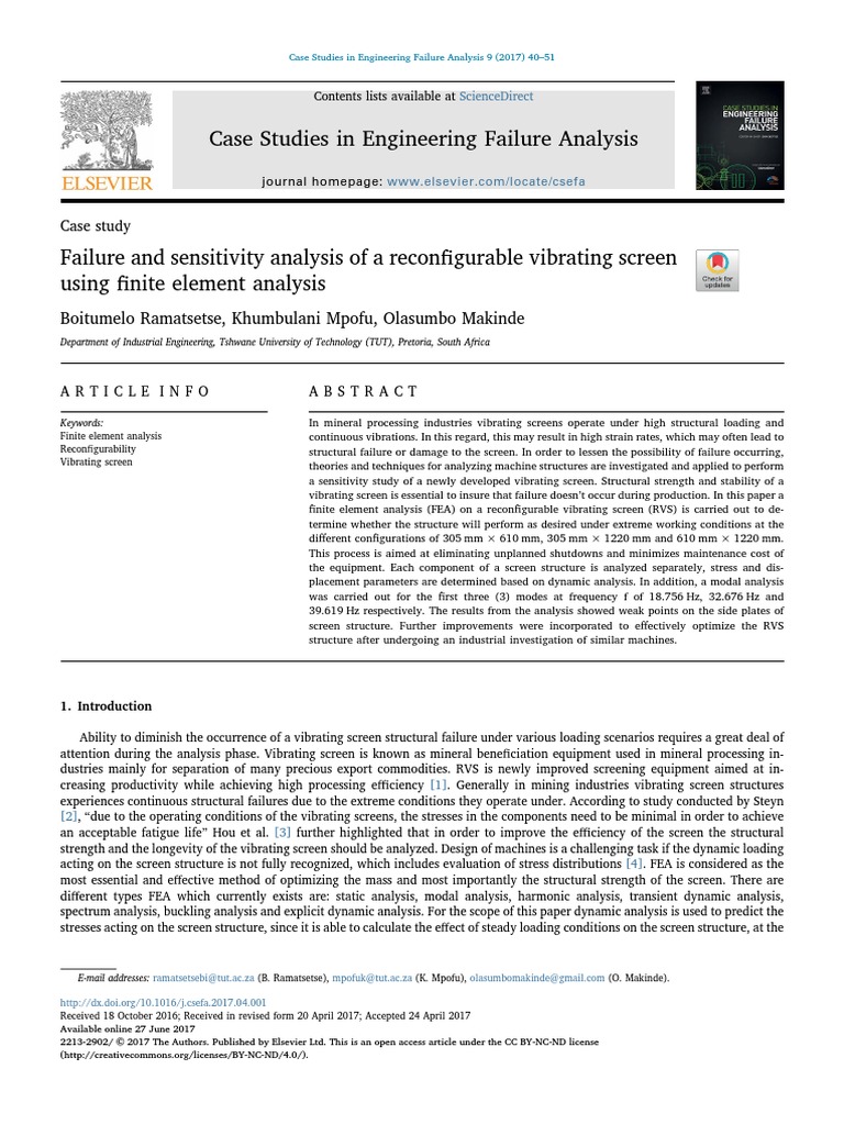Failure and Sensitivity Analysis of A Reconfigurable Vibrating Screen Using Finite Element ...
