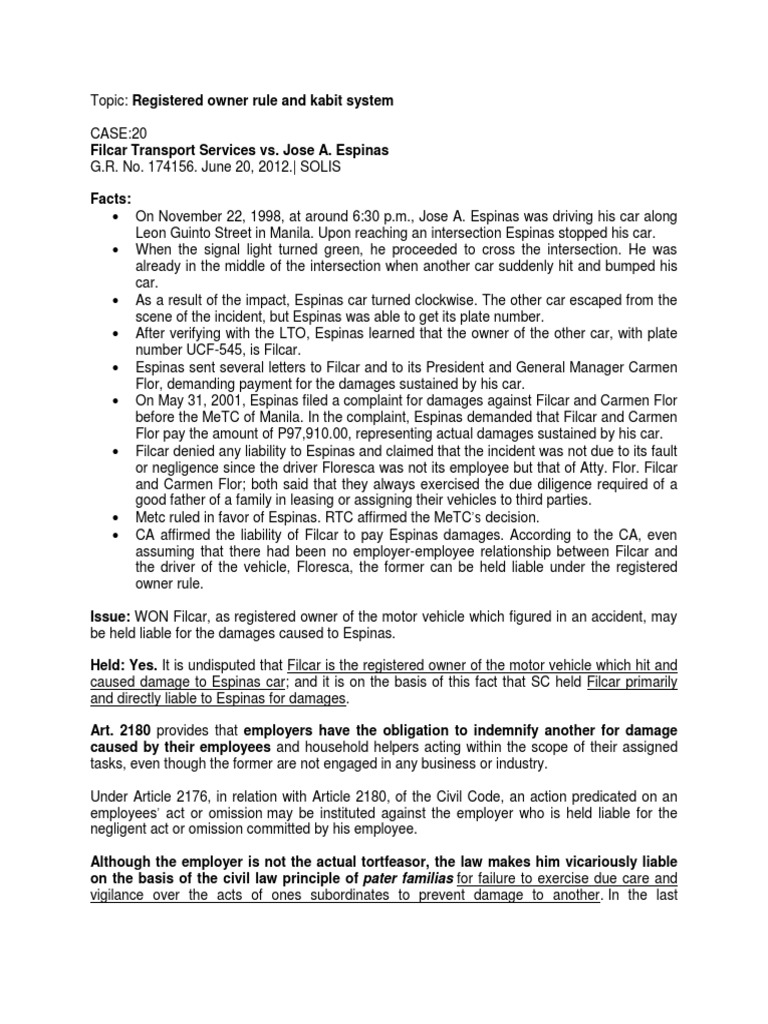 #20 Filcar Vs Espinas Registered Owner Rule | PDF | Vicarious Liability ...