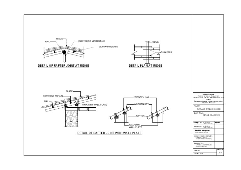 Detail of Rafter Joint at Ridge Detail Plan at Ridge: (100x100) MM ...