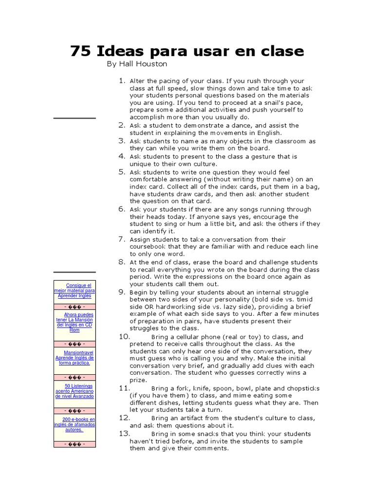 75 Creative Classroom Activity Ideas | PDF | Books | English Language