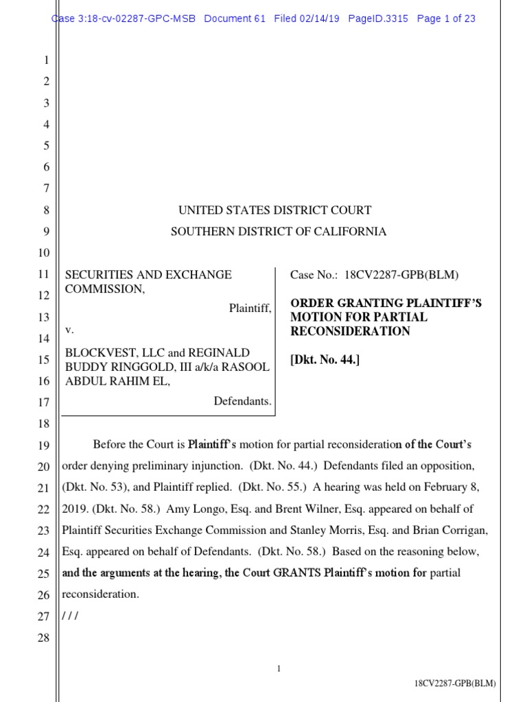Order Granting Plaintiff'S Motion For Partial Reconsideration (Dkt. No ...