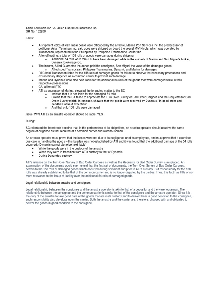 Asian Terminals Inc Vs Allied Guarantee | PDF | Consignee | Common Carrier