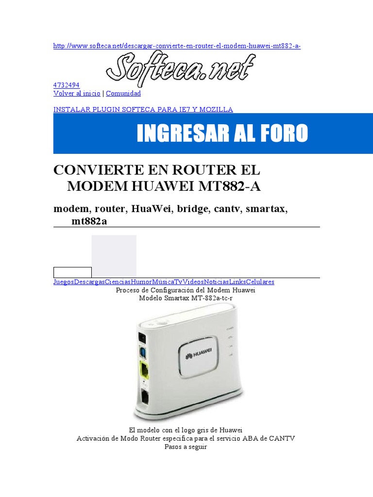 CONFIGURAR HUAWEI - MT882a COMO ROUTER PDF | PDF | Software | Redes de ...