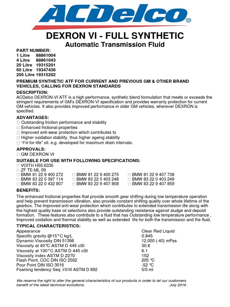 Acdelco Specs DexronVI | PDF | Mechanical Engineering | Liquids
