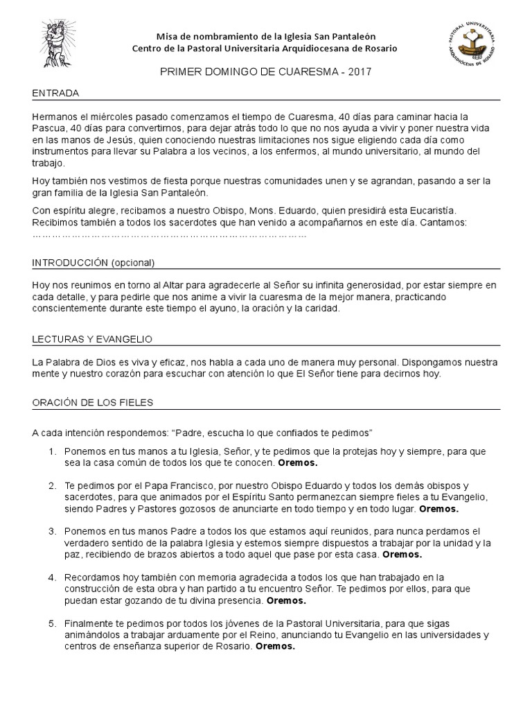 Guión Misa - 1er Domingo de Cuaresma | PDF | eucaristía | Comportamiento religioso y experiencia