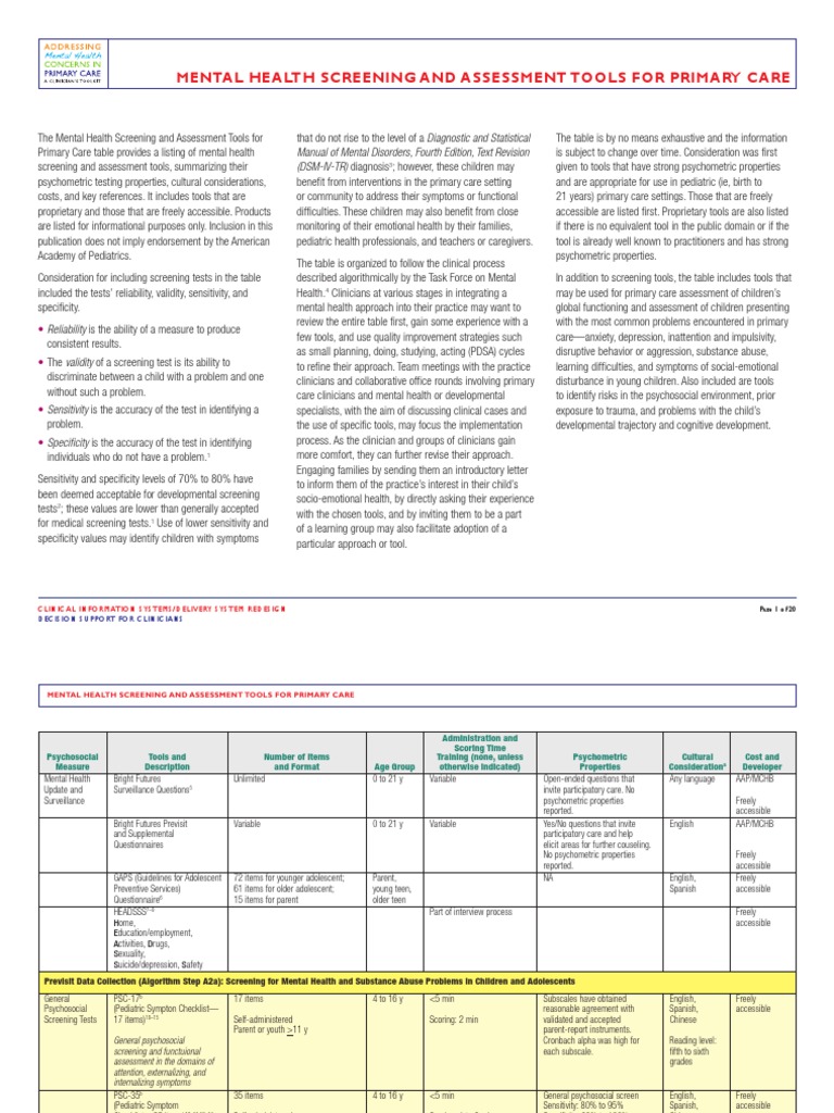 Summary of MH Screening and Assessment Tools For Primary Care | PDF ...