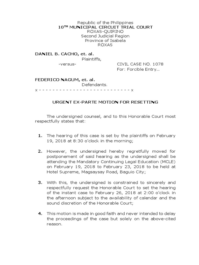 Motion For Resetting-Mcle | PDF | Common Law | Judiciaries
