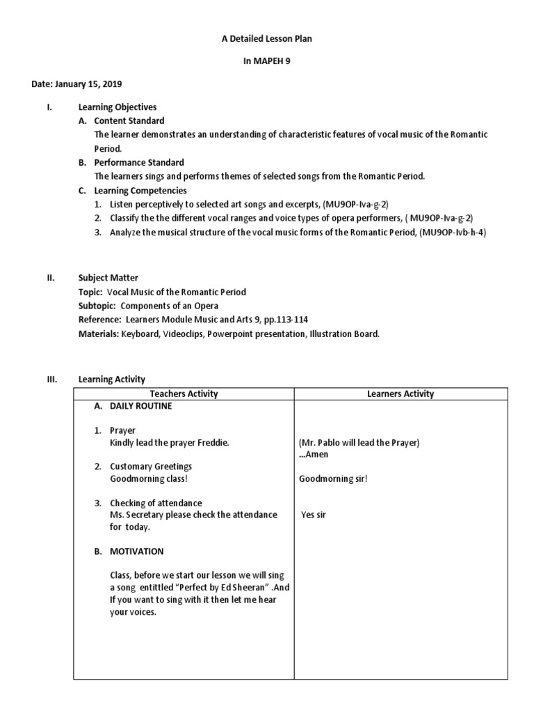 A Detailed Lesson Plan in MAPEH 9 Music (Components of An Opera ...