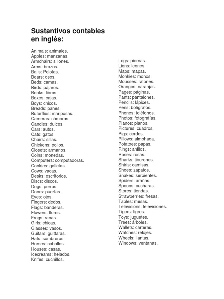 Lista de sustantivos contables e incontables en inglés | PDF Lista de sustantivos contables e incontables en inglés | PDF