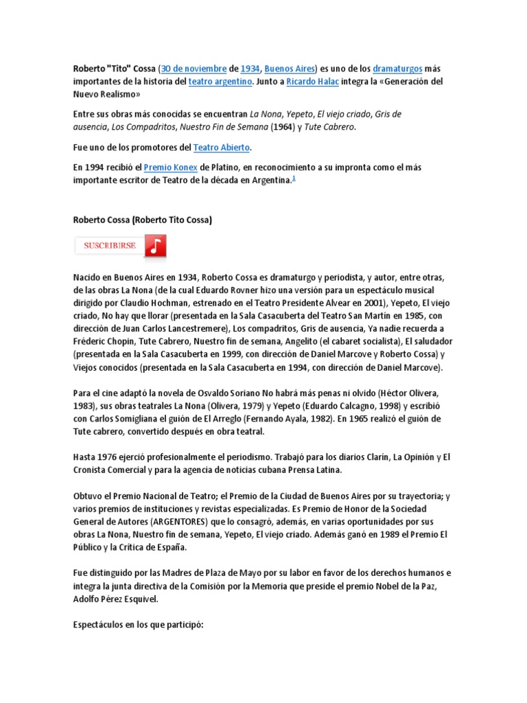 Roberto Cossa: dramaturgo argentino y defensor de los derechos humanos | PDF | Argentina | Teatro