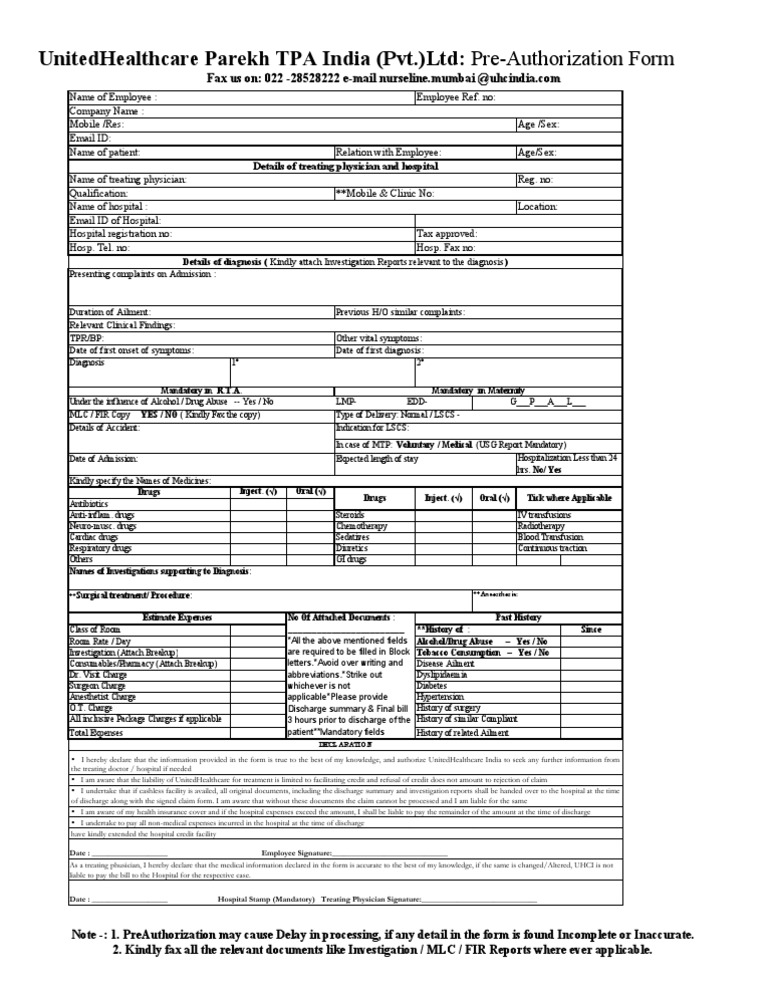 Pre Authorization Form | PDF | Surgery | Hospital