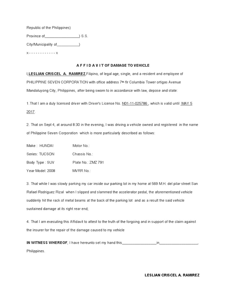 Affidavit of Damage Vehicle | PDF