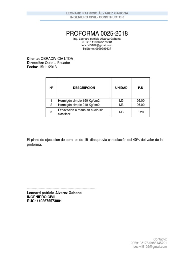 Proforma de precios unitarios para obra de construcción civil | PDF