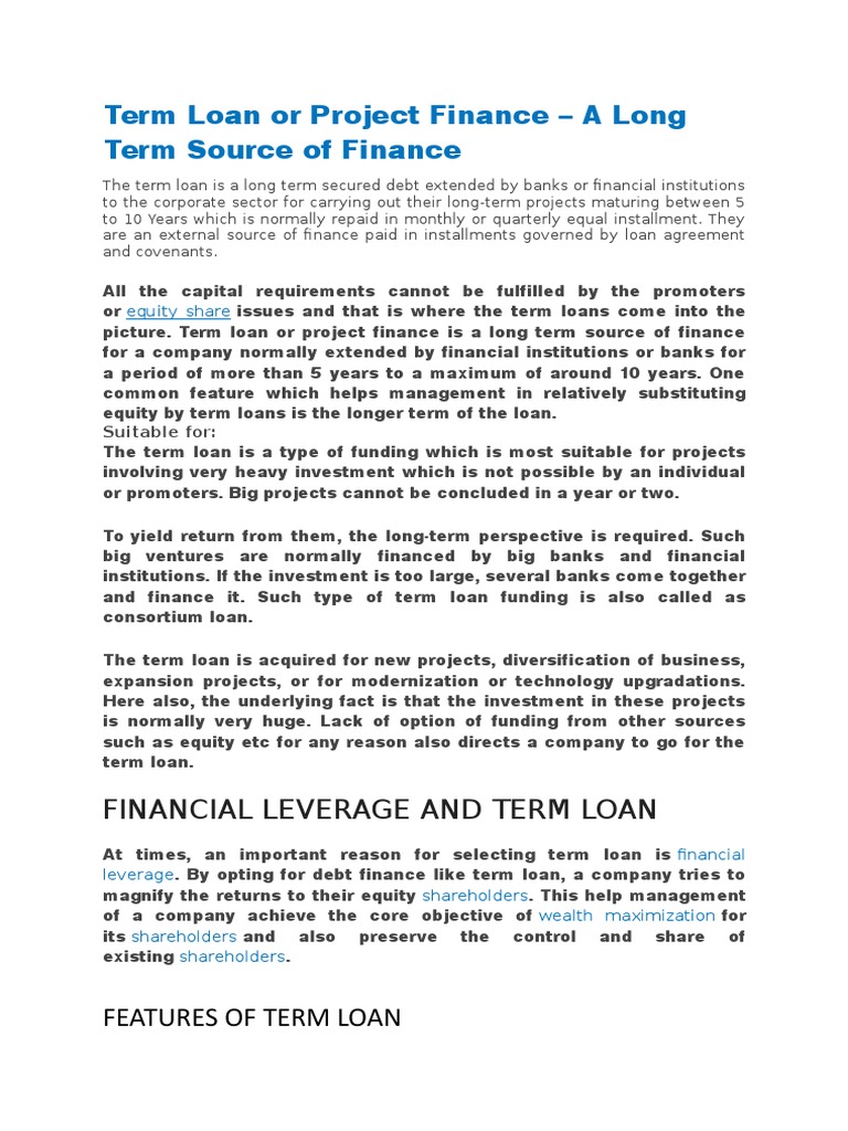 Term Loan or Project Finance - A Long Term Source of Finance | PDF ...