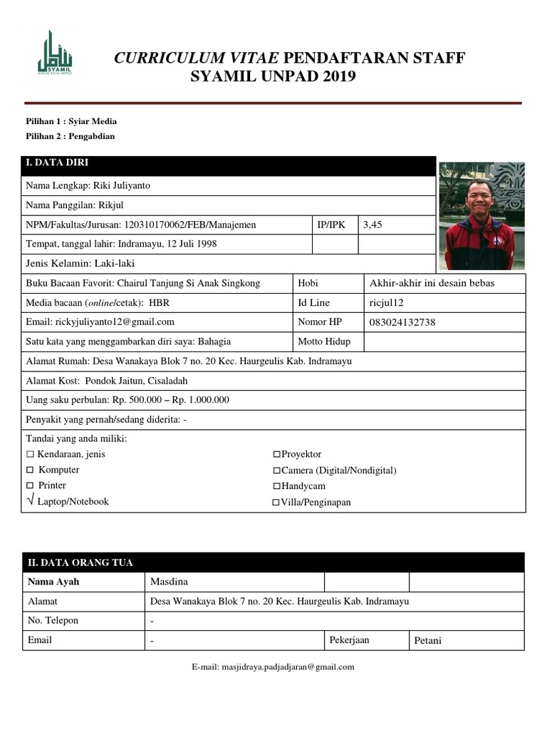 Formulir CV Syamil Unpad 2019 | PDF