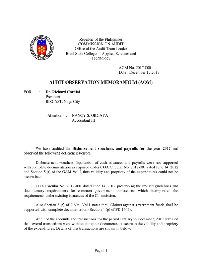 Sample Aom - Disbursement Vouchers-January, 2017 | PDF | Payments ...