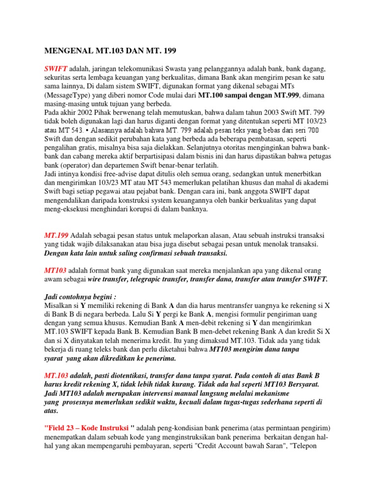 Memahami MT.103 dan MT.199 dalam SWIFT | PDF