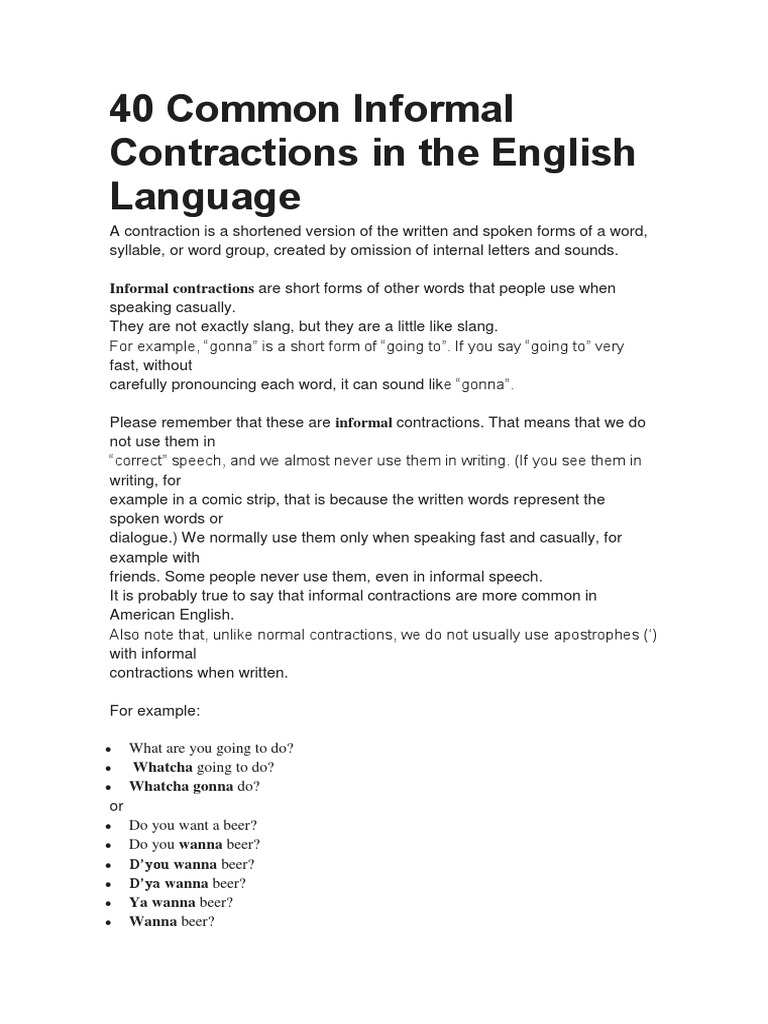 40 Common Informal Contractions in The English Language | PDF