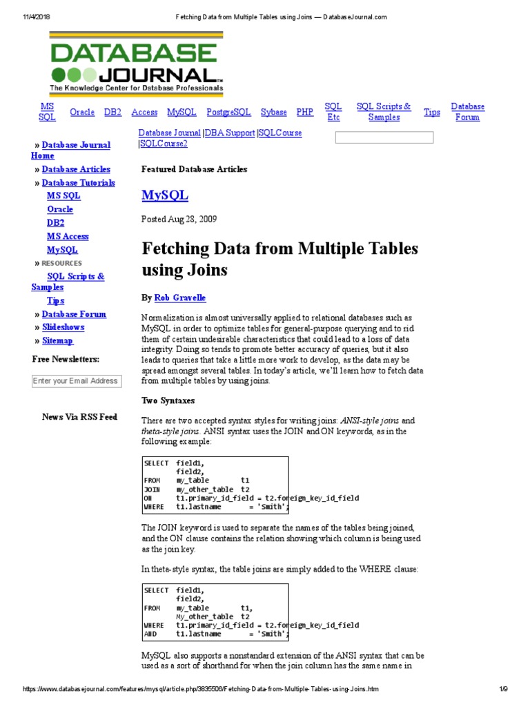 Fetching Data From Multiple Tables Using Joins - DatabaseJournal | PDF ... Fetching Data From Multiple Tables Using Joins - DatabaseJournal | PDF ...