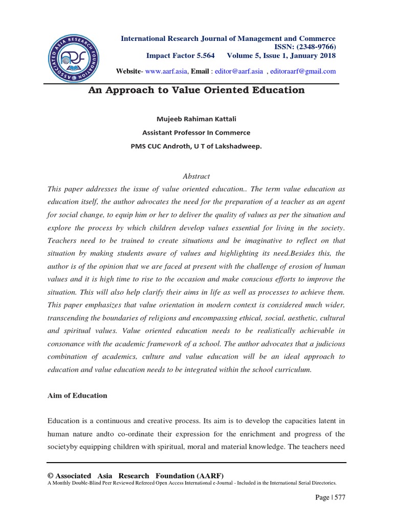 Value Oriented Education-Published Journal | PDF | Value (Ethics ...