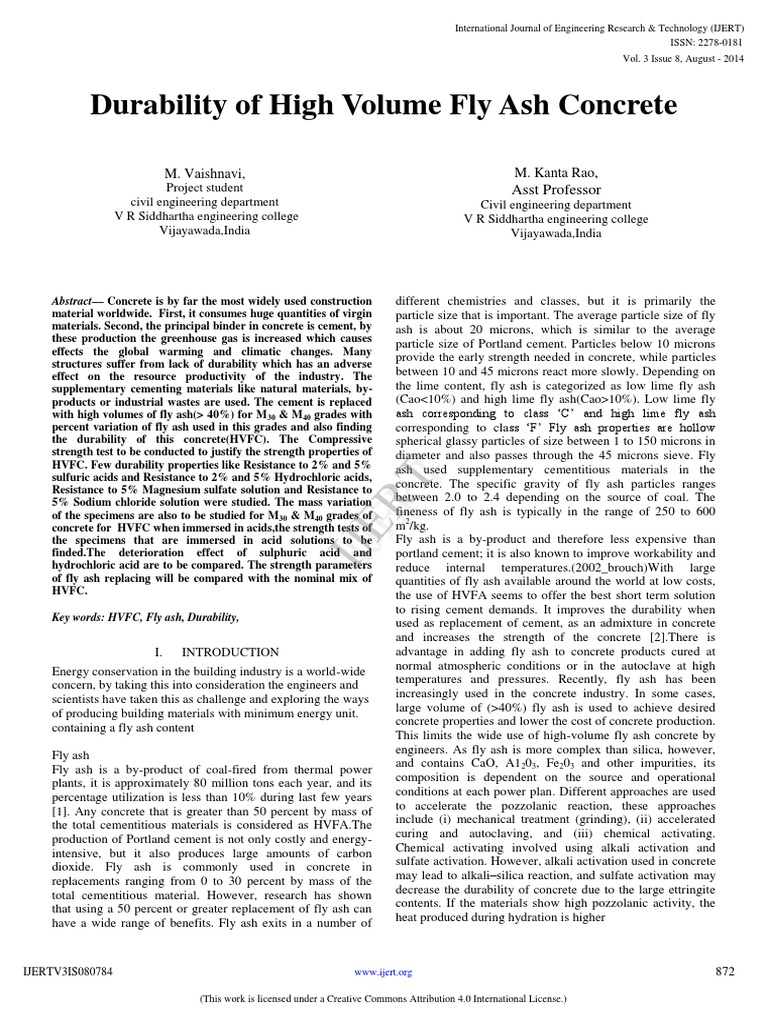 Durability of High Volume Fly Ash Concrete IJERTV3IS080784 | PDF | Fly ...