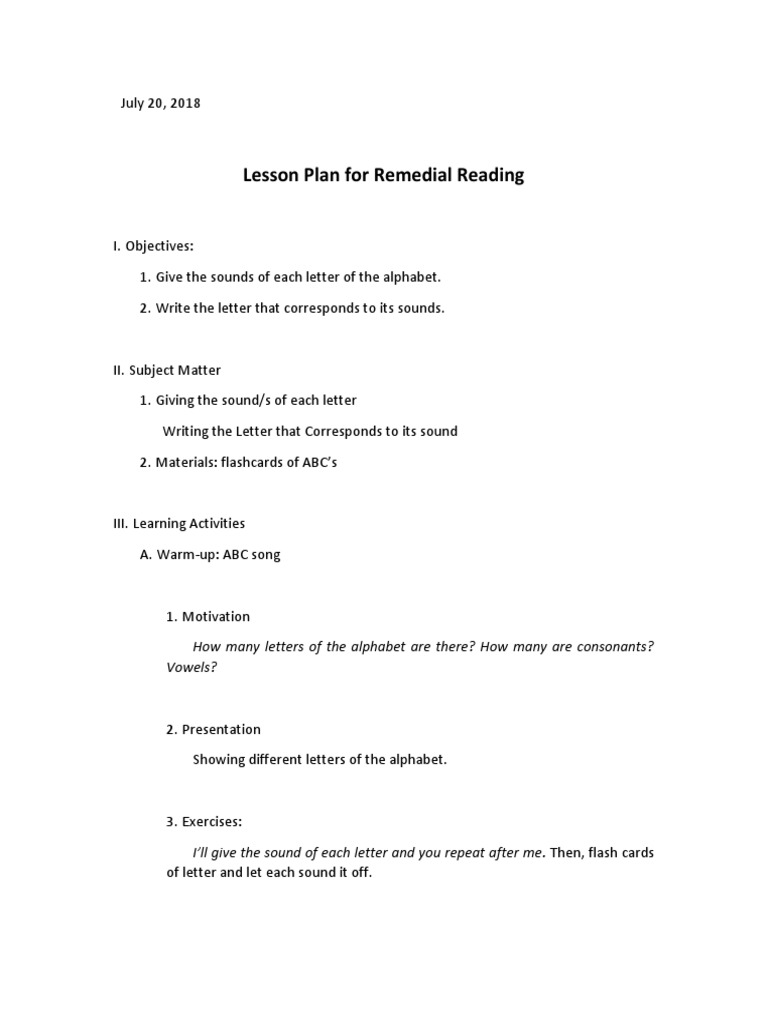 Lesson Plans For Remedial Reading | PDF | Phonics | Flashcard
