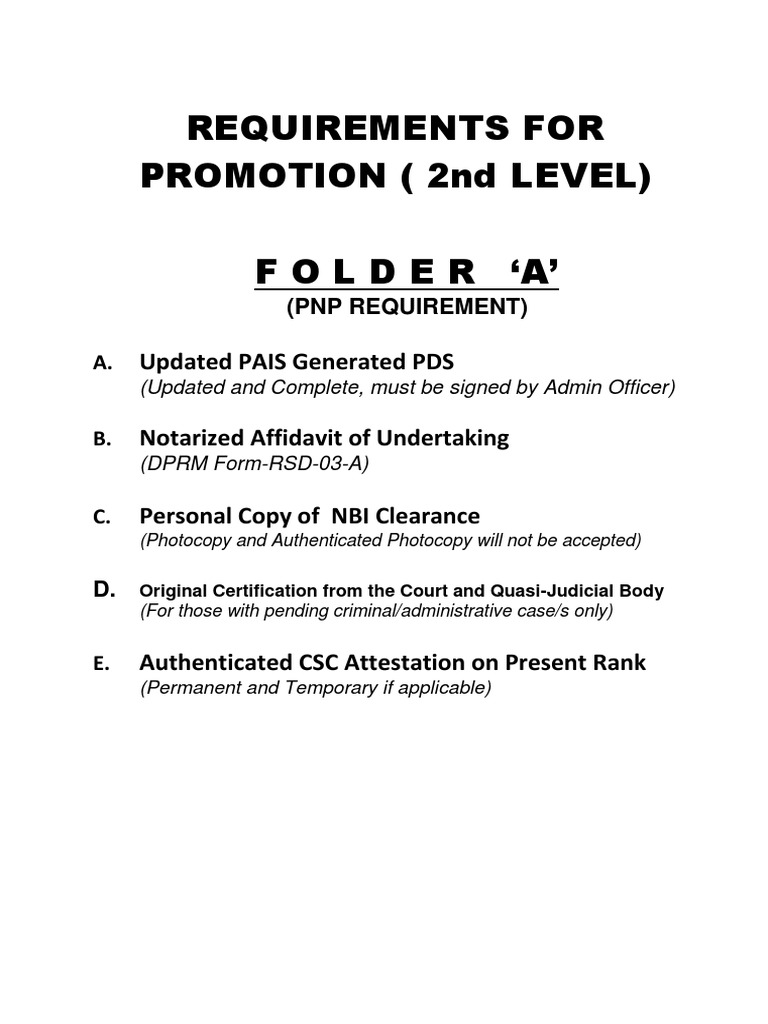 Requirements For Promotion (2Nd Level) Folder A': Updated PAIS ...