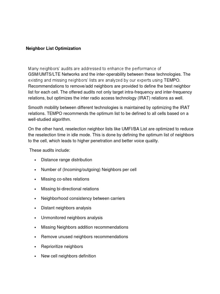 Neighbor List Optimization for Networks | PDF | Lte (Telecommunication) | 3 G