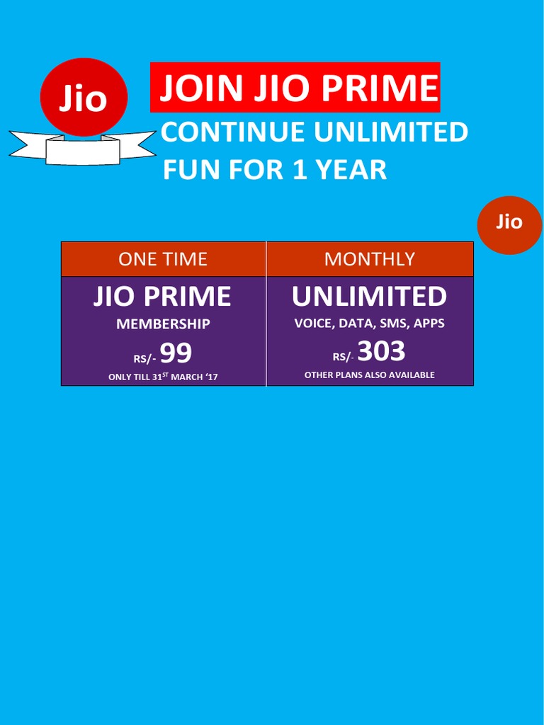 Continue Unlimited Fun For 1 Year: Join Jio Prime Jio | PDF