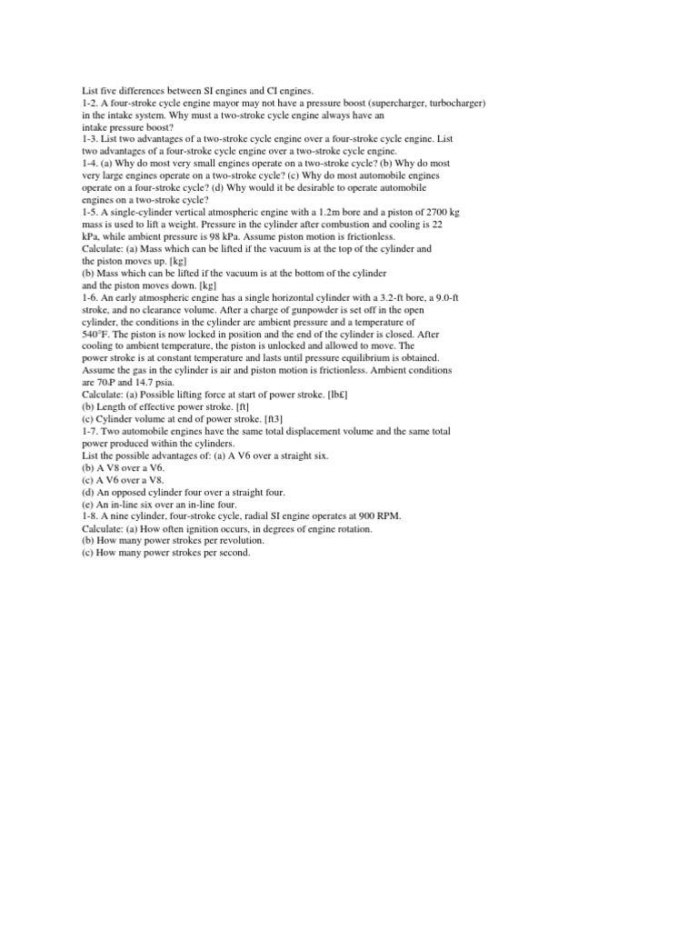List Five Differences Between SI Engines and CI Engines | PDF | Engines | Cylinder (Engine)